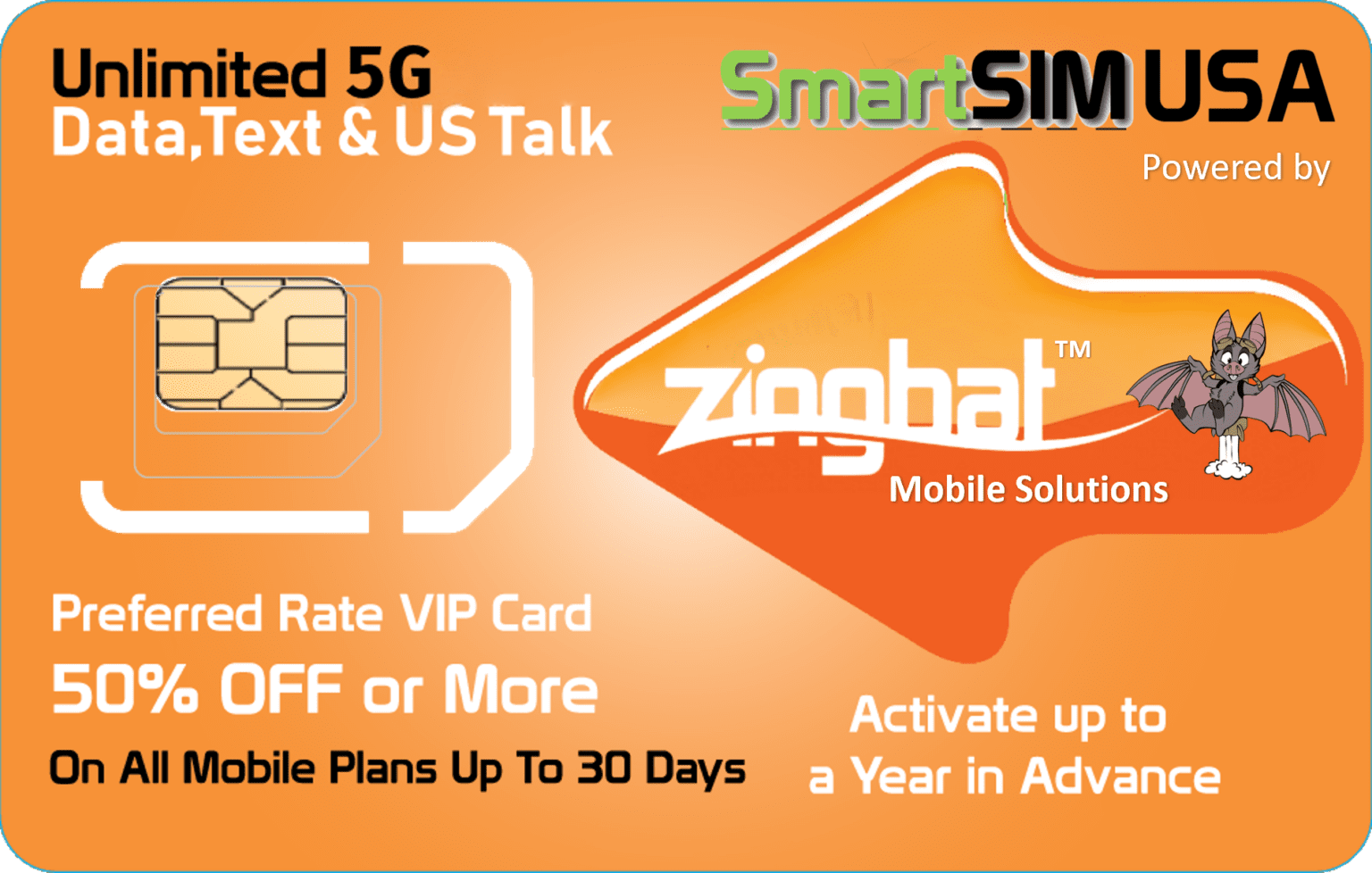 Zingbat – SmartSIM USA Valencia Orange VIP Physical SIM Card – 50% or ...